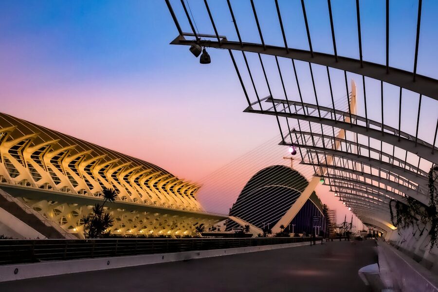 Hemisferic IMAX cinema at dusk in Valencia City of Arts and Sciences