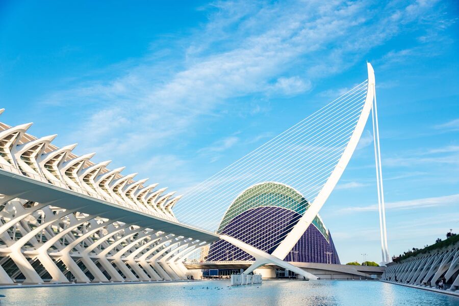 Wide view of Valencia City of Arts and Sciences complex on a sunny day