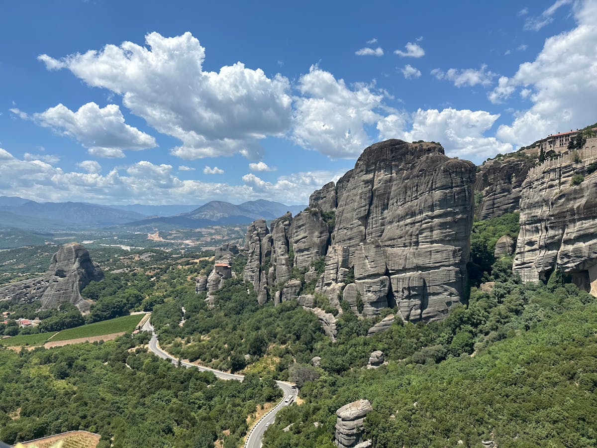 Towering rock formations at Meteora Greece