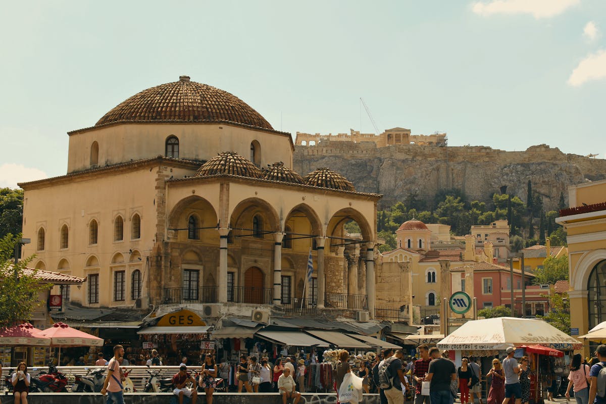 Monastiraki Square in Athens with the Acropolis visible on the hilltop behind