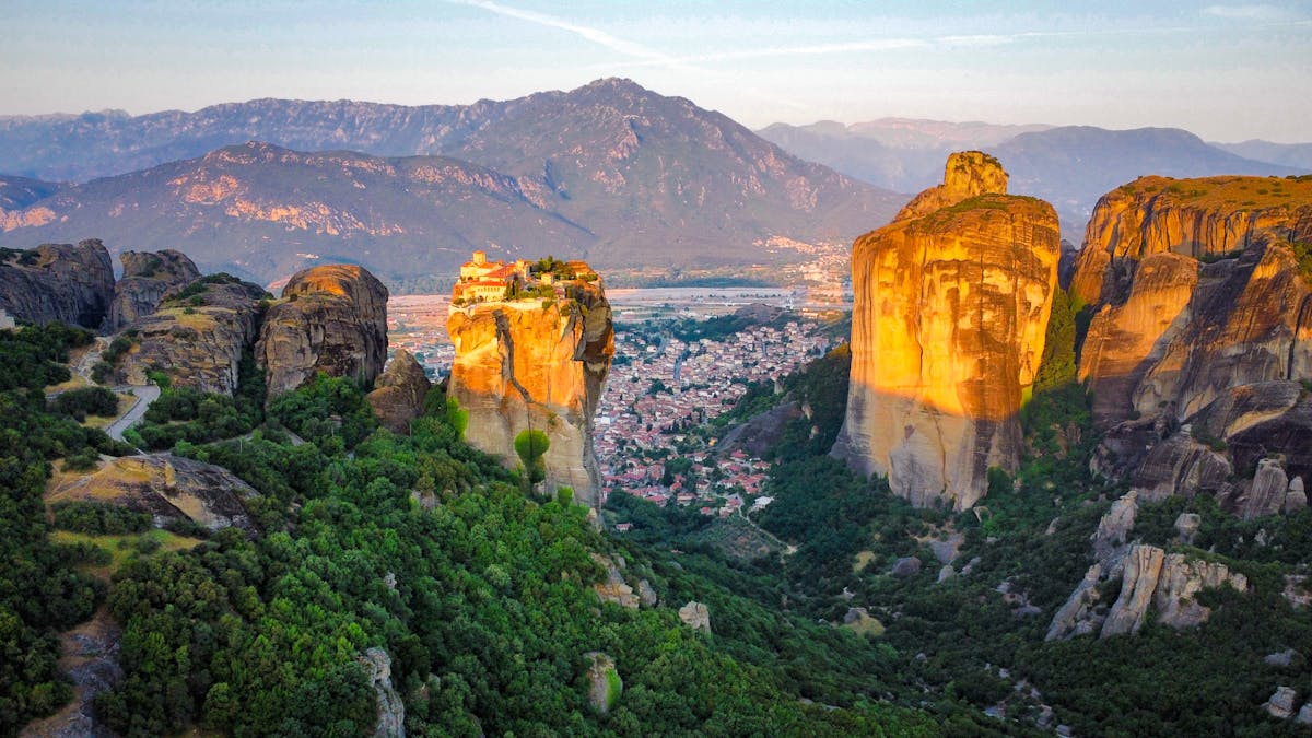 Aerial view of Meteora monasteries on rock formations