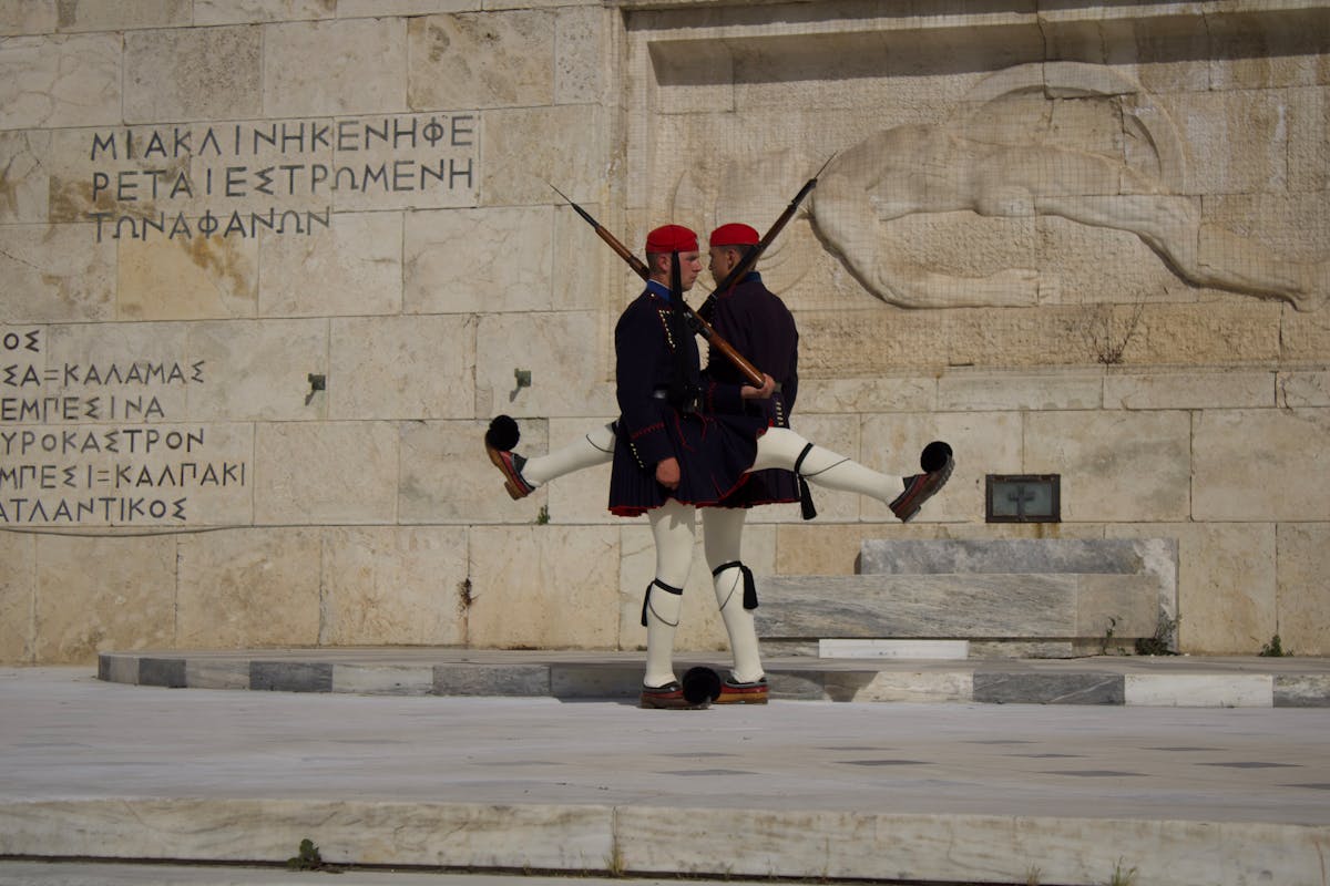 Greek Evzones guards performing ceremonial change at Syntagma Square