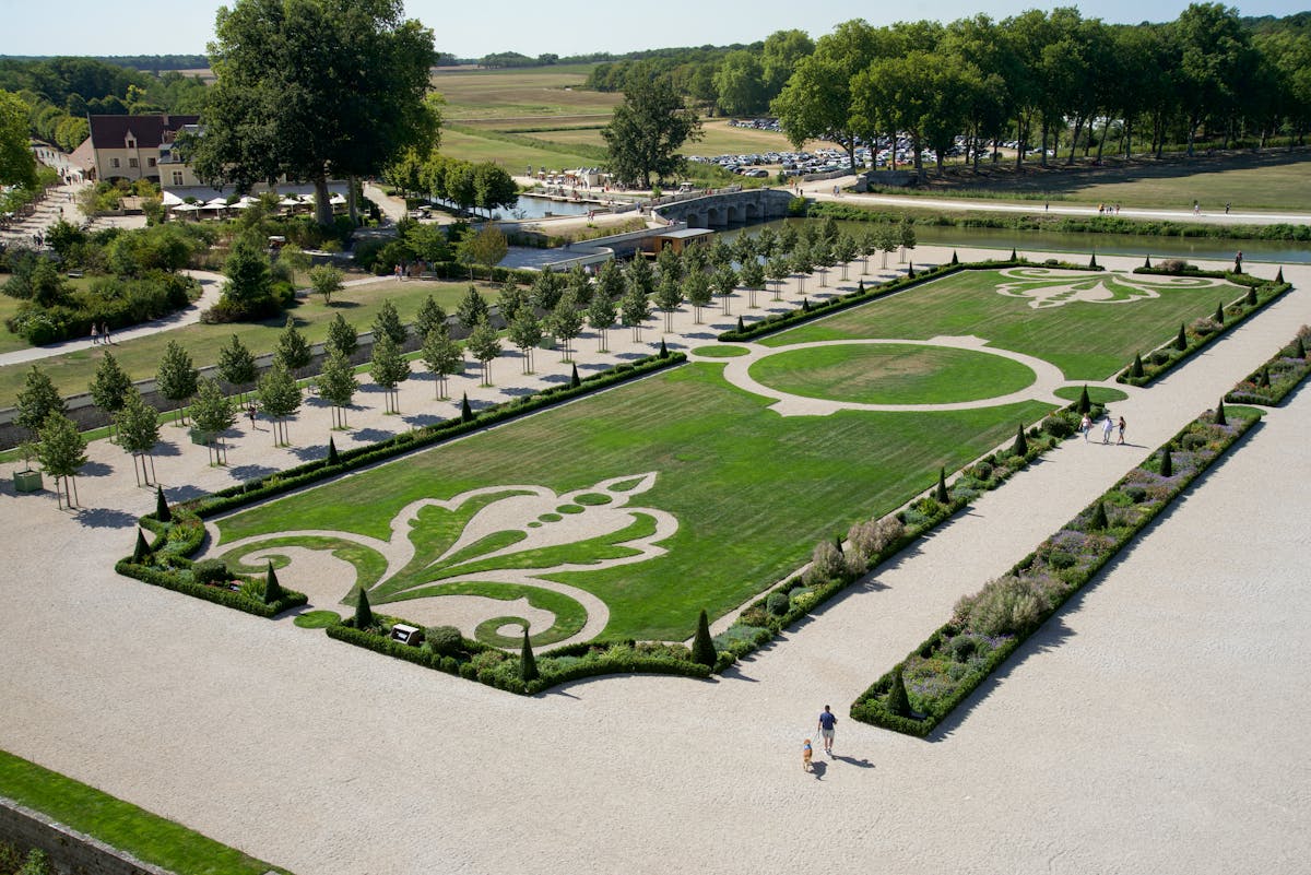Aerial view of ornamental French chateau gardens