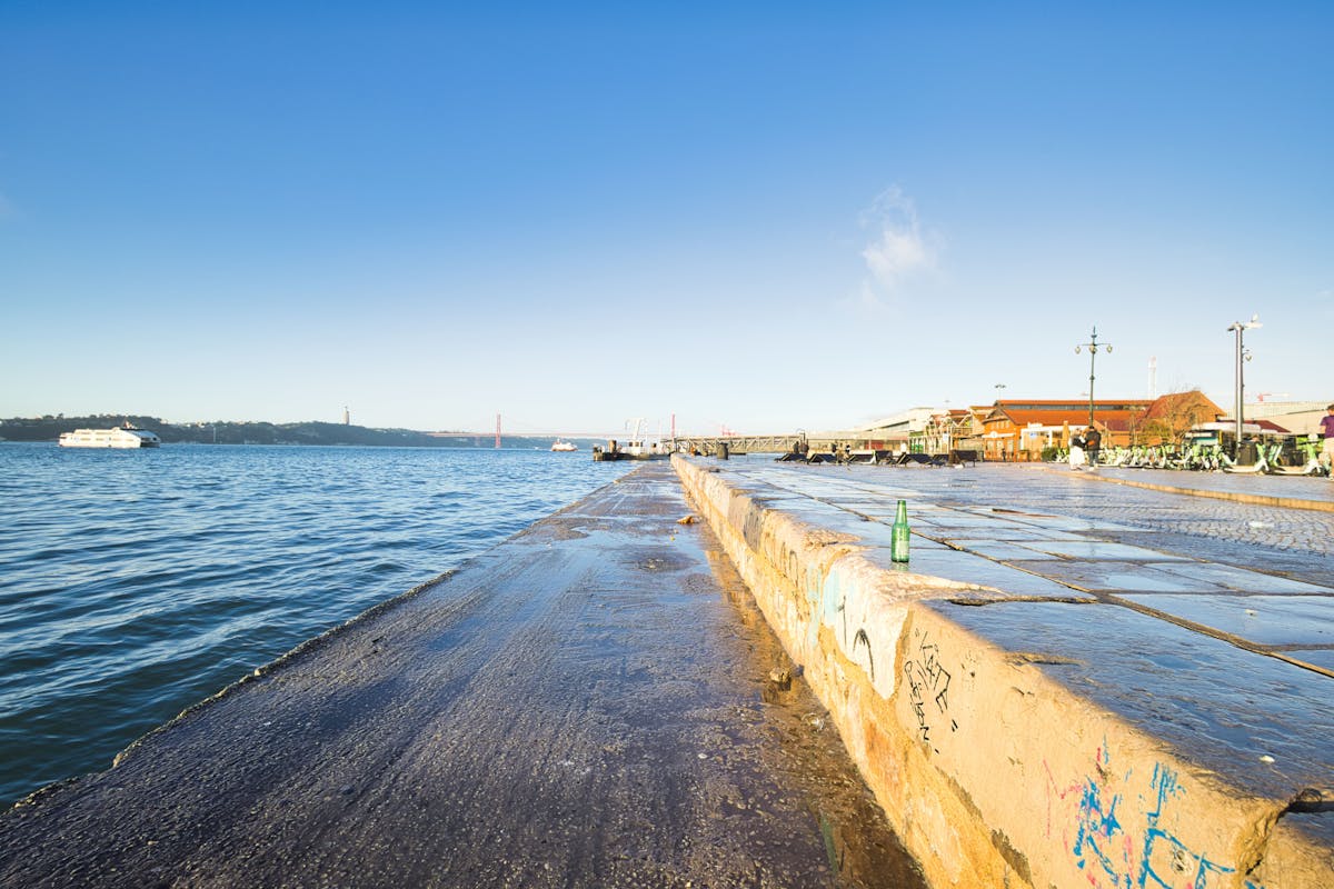 Waterfront promenade in the Belem neighborhood of Lisbon with views across the Tagus River