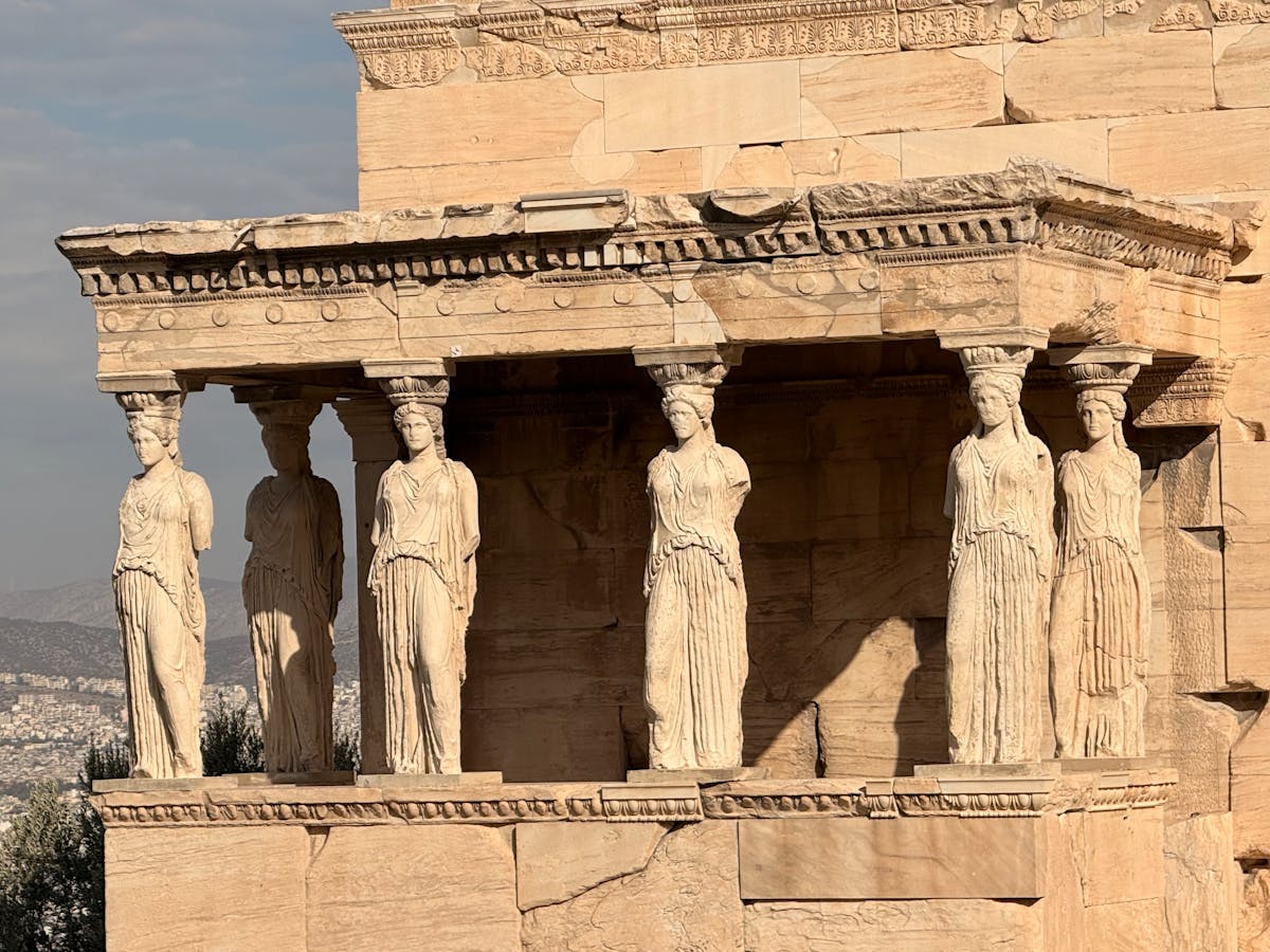 Close view of the Caryatid statues on the porch of the Erechtheion