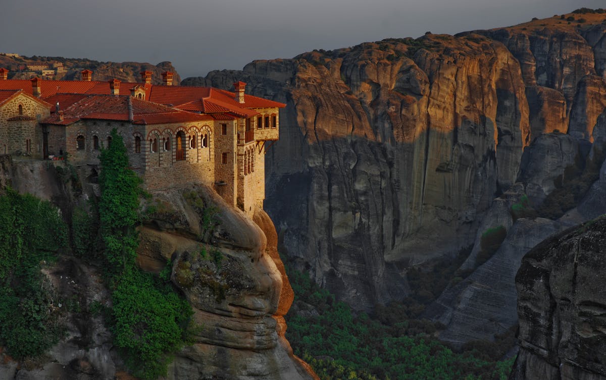 Great Meteoron Monastery on clifftop at sunset