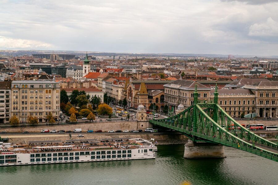 View along the Danube river in Budapest at Liberty Bridge