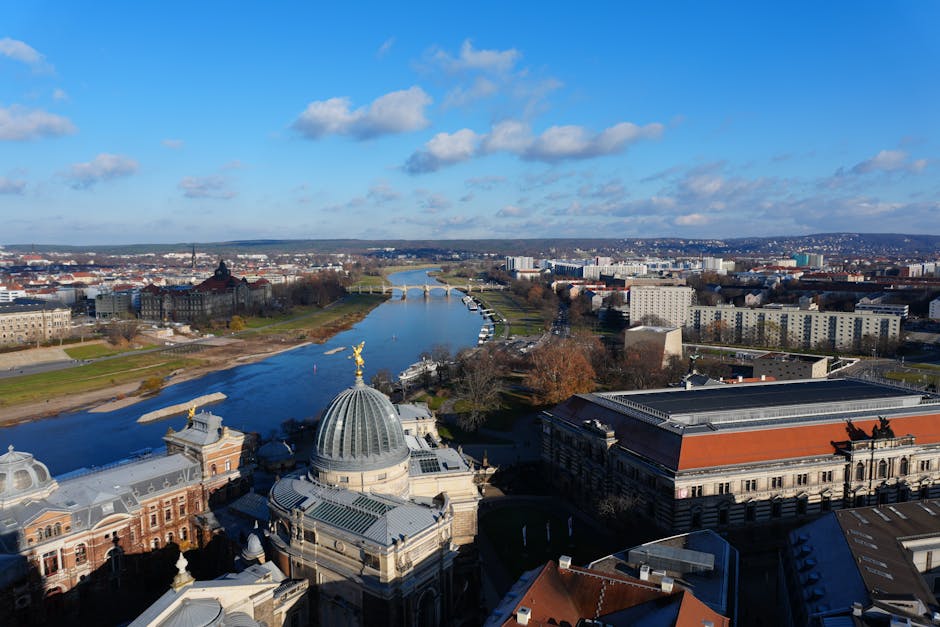 Aerial view of Dresden showing historic architecture and the Elbe River