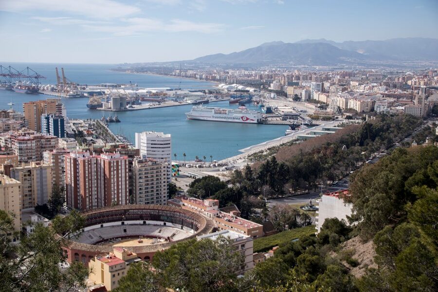Aerial view of Malaga Spain showing the port and coastline