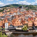 Aerial view of Cesky Krumlov showing the castle red rooftops and the winding Vltava River