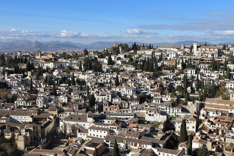 Aerial view of the historic Albaicin district in Granada showing dense traditional architecture