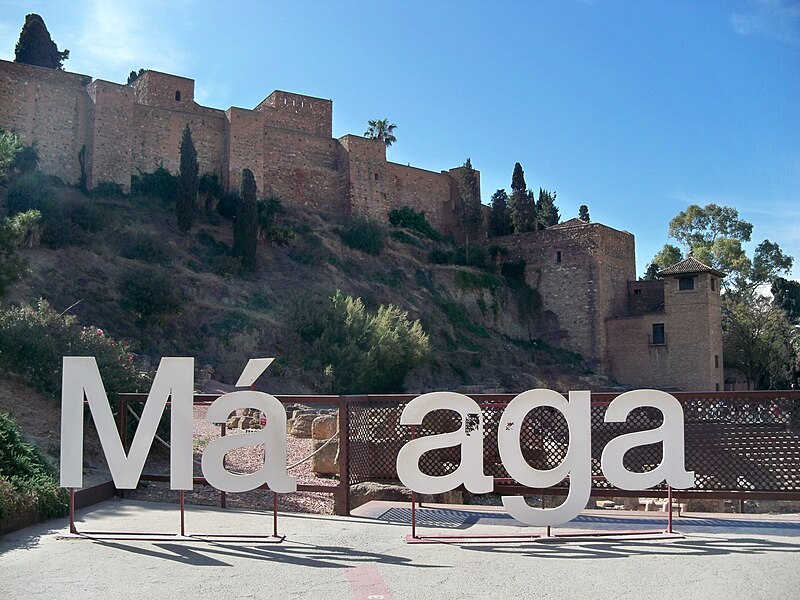 Panoramic viewpoint sign at the Alcazaba overlooking Malaga city and port