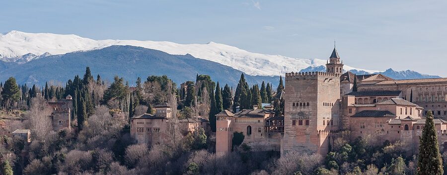 The Alhambra palace seen from the Albaicin quarter in Granada Spain