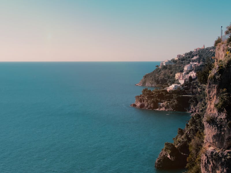Dramatic cliffs and turquoise Mediterranean sea along the Amalfi Coast in southern Italy