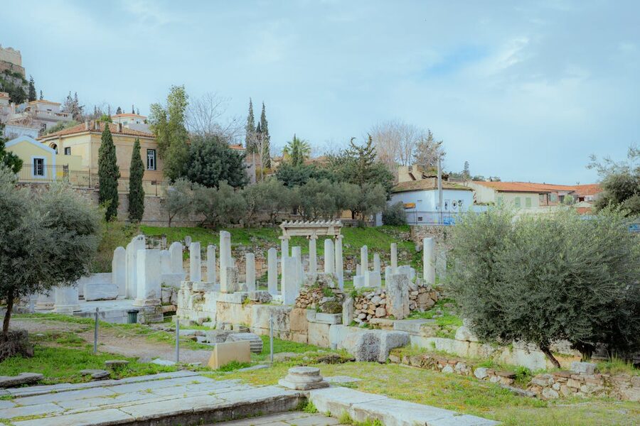 Ancient Greek ruins in the Plaka neighbourhood of Athens