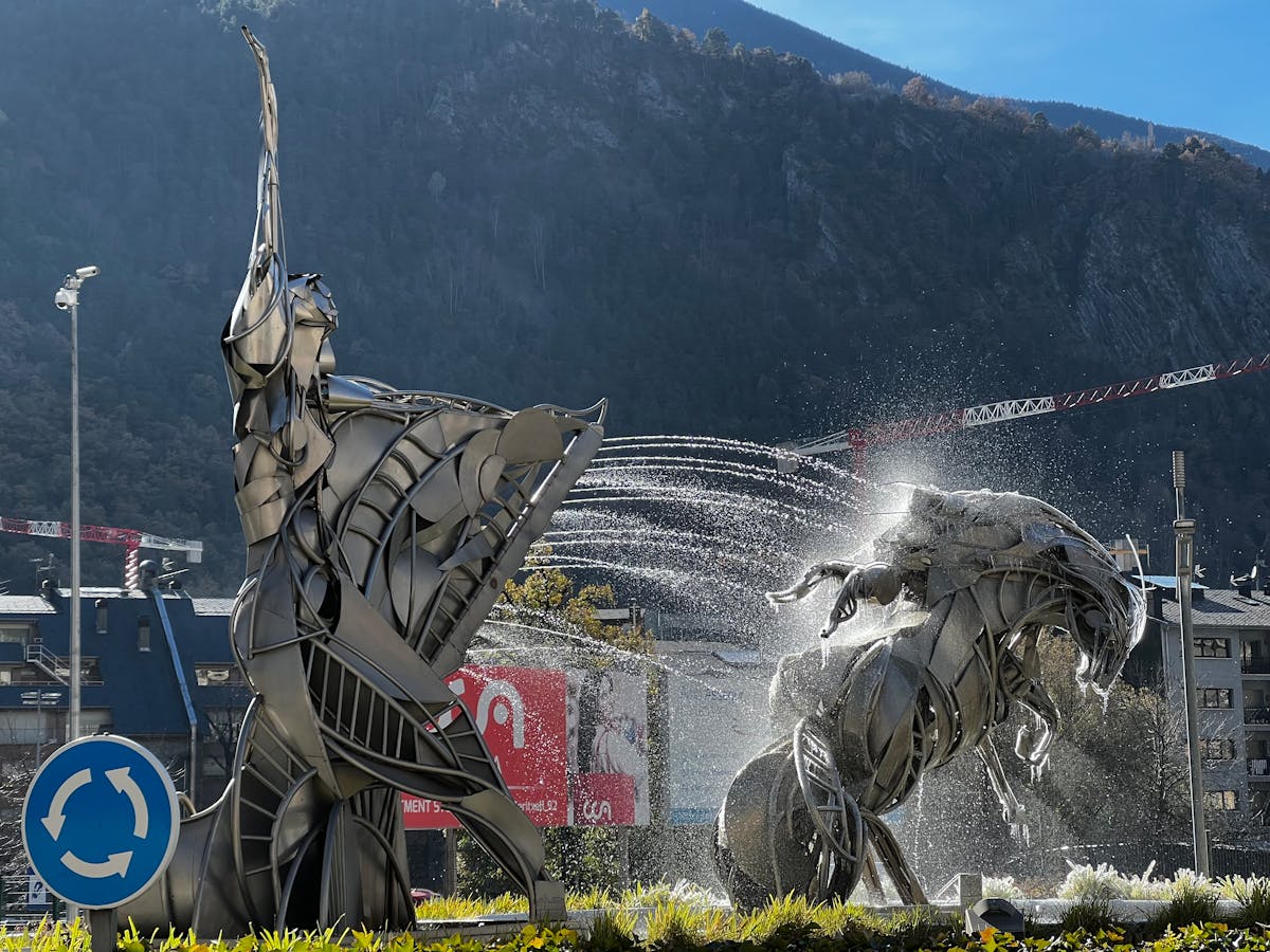 Metal sculptures with fountains in Andorra la Vella capital city