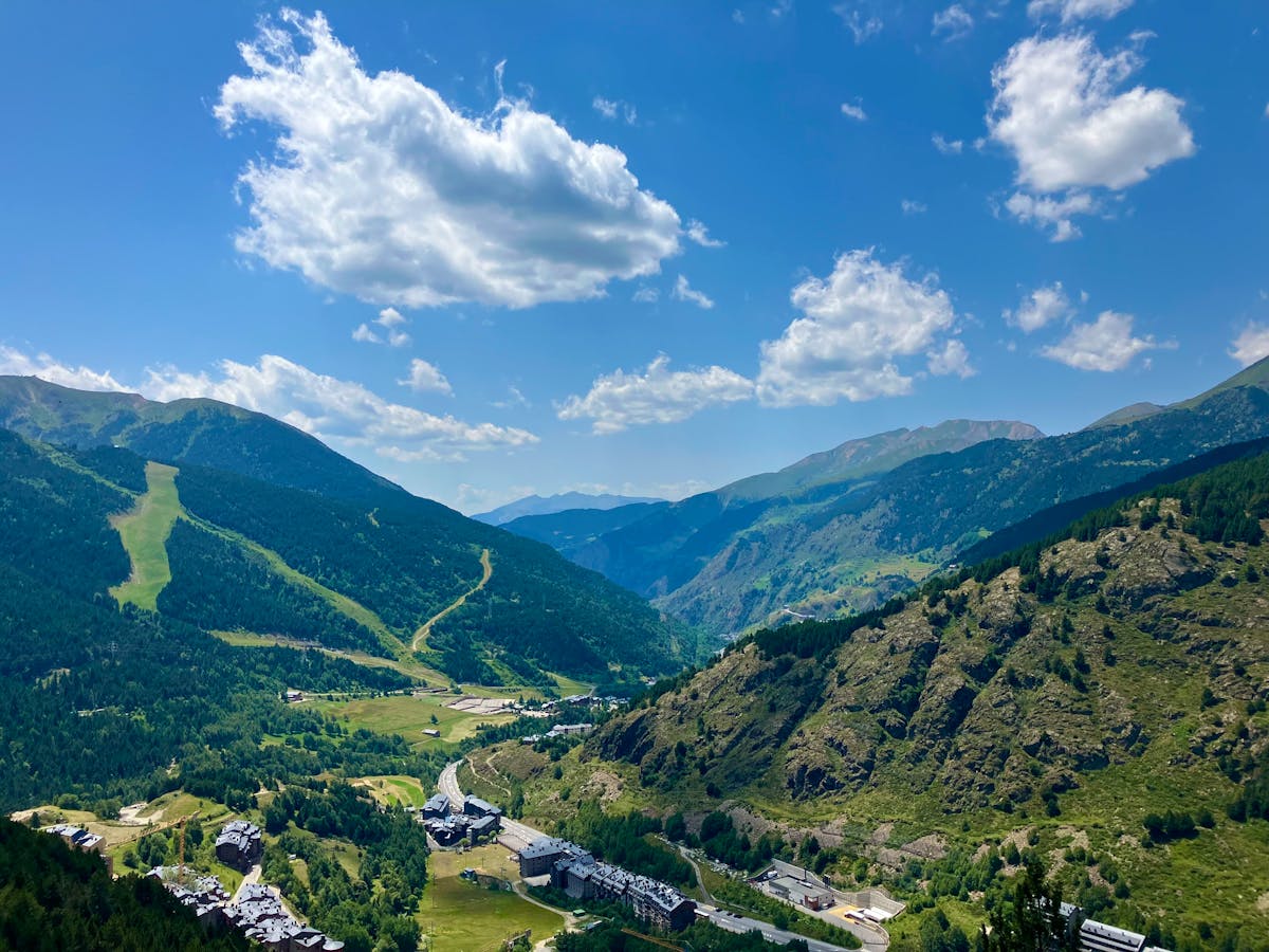 Beautiful valley with mountains in Soldeu, Andorra under clear sky