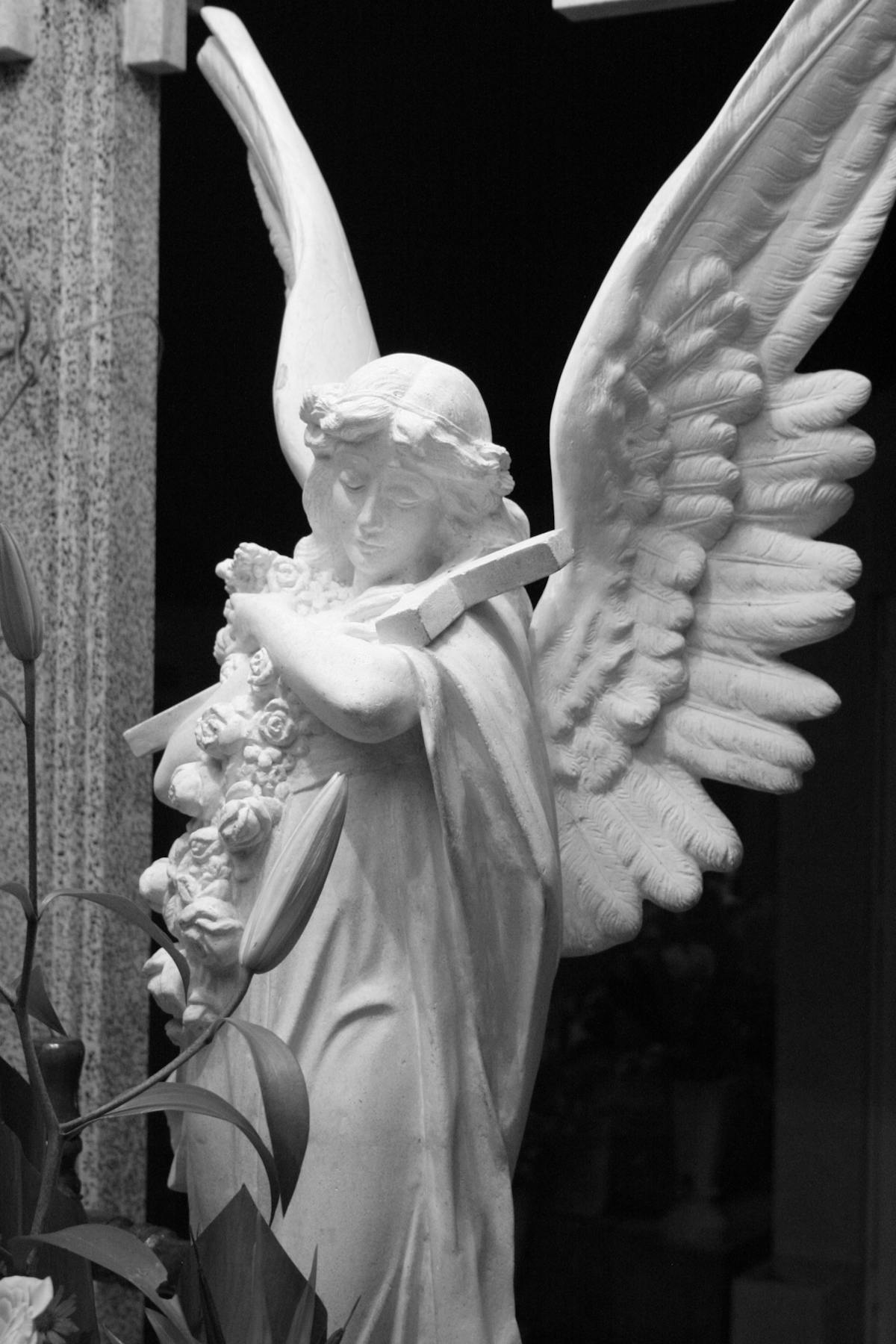 Monochrome image of a serene marble angel sculpture with outstretched wings in a cemetery
