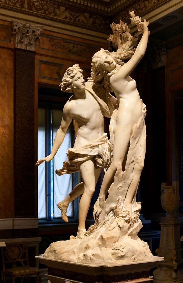Apollo and Daphne marble sculpture by Bernini showing Daphne transforming into a laurel tree in the Galleria Borghese