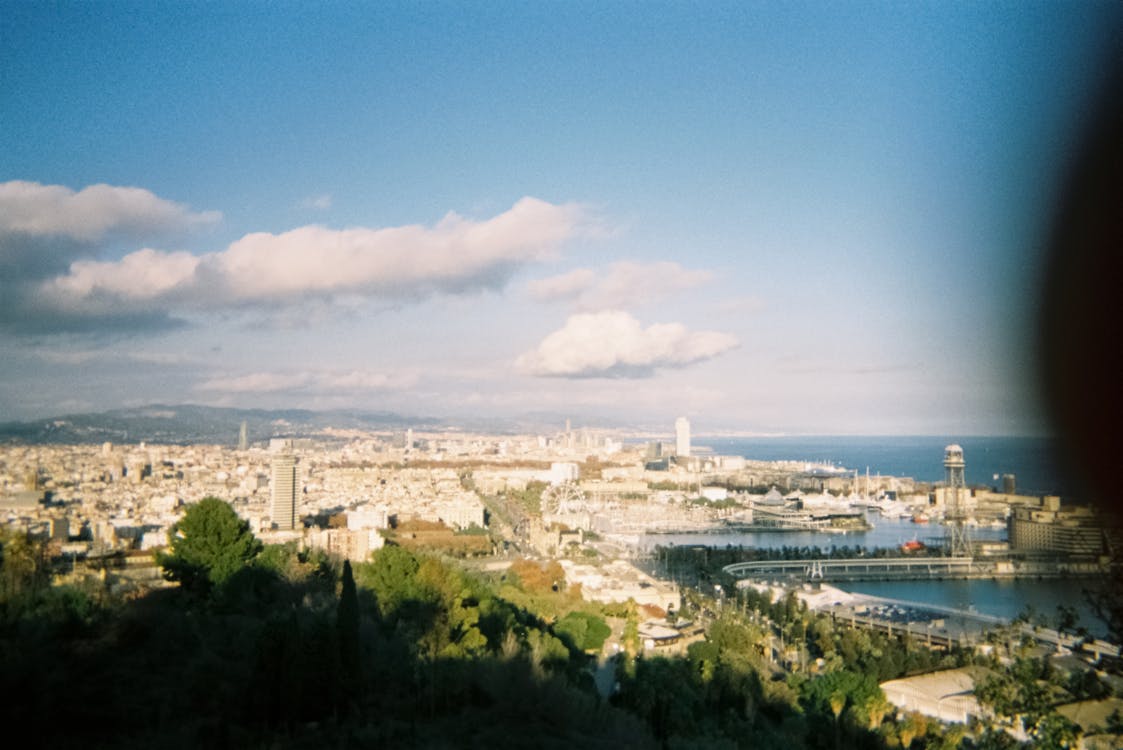 Aerial view of Barcelona coastline with beaches and port from Montjuic
