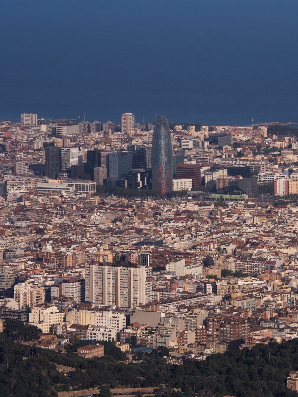 Aerial view of Barcelona featuring Torre Glories tower rising above the city grid