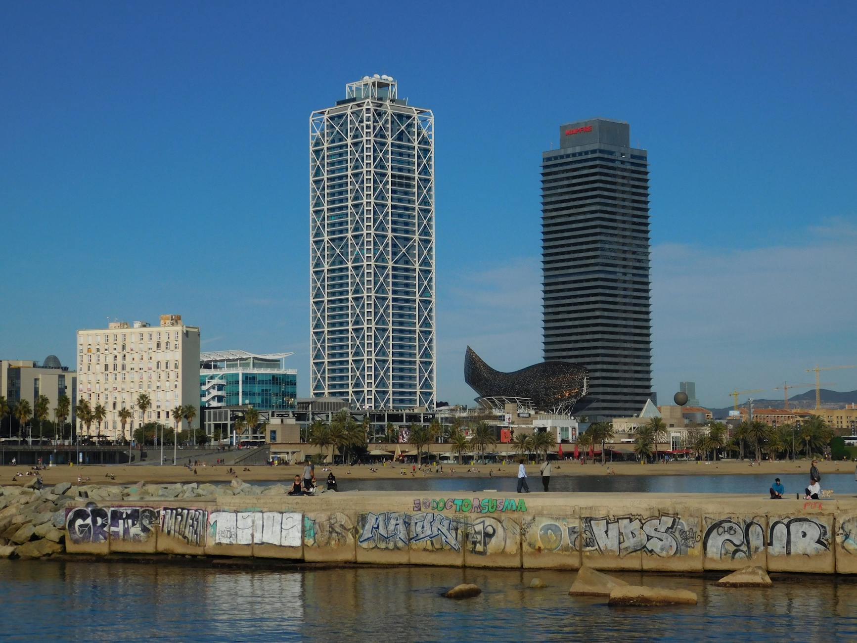 Barcelona coastline with W Hotel and Barceloneta Beach