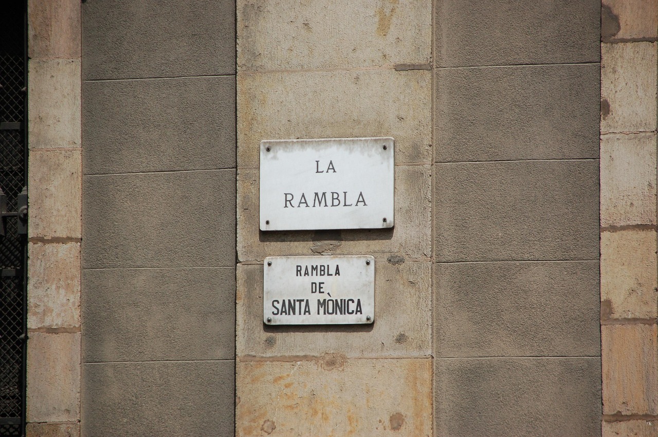 Aerial view of La Rambla boulevard in Barcelona with tree-lined pedestrian walkway