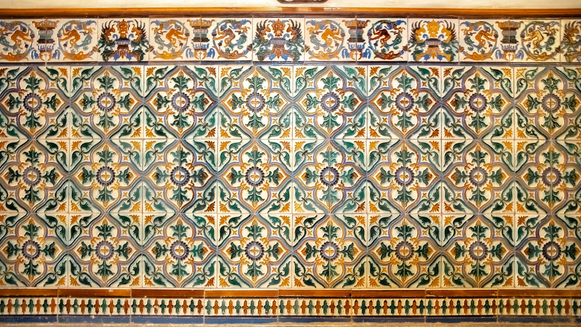 Spanish mosaic tile wall in Barcelona with Art Nouveau patterns