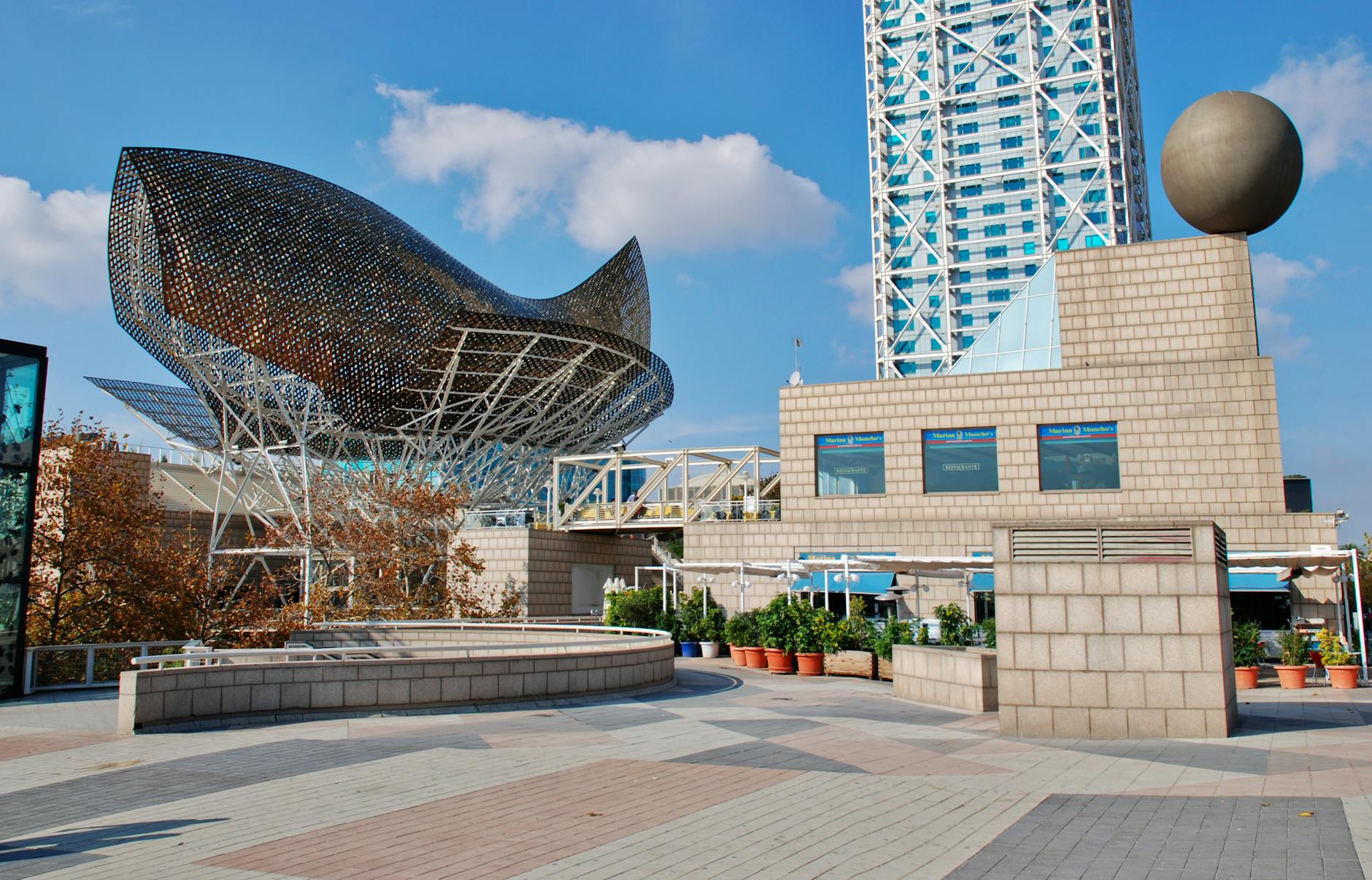 Port Olimpic in Barcelona with Frank Gehry golden fish sculpture
