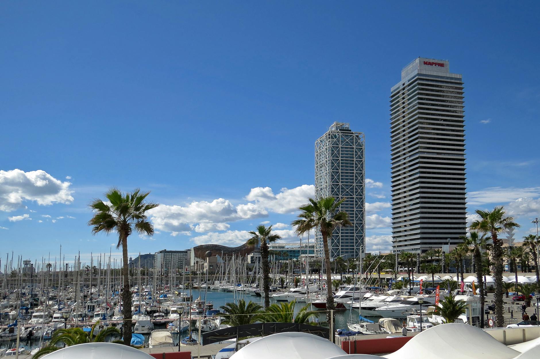 Barcelona Port Vell marina with sailboats and city skyline