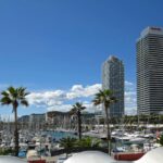 Barcelona Port Vell marina with boats, palm trees and city skyline in the background