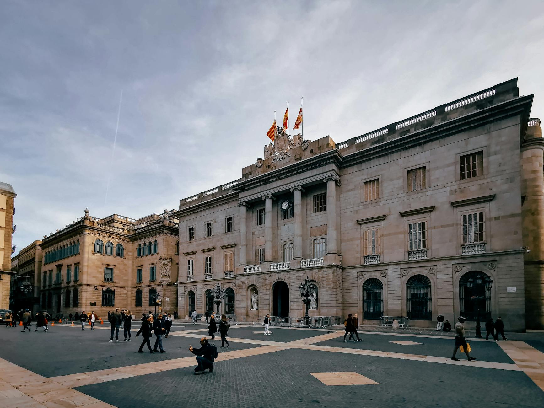 Public square in Barcelona surrounded by historic buildings