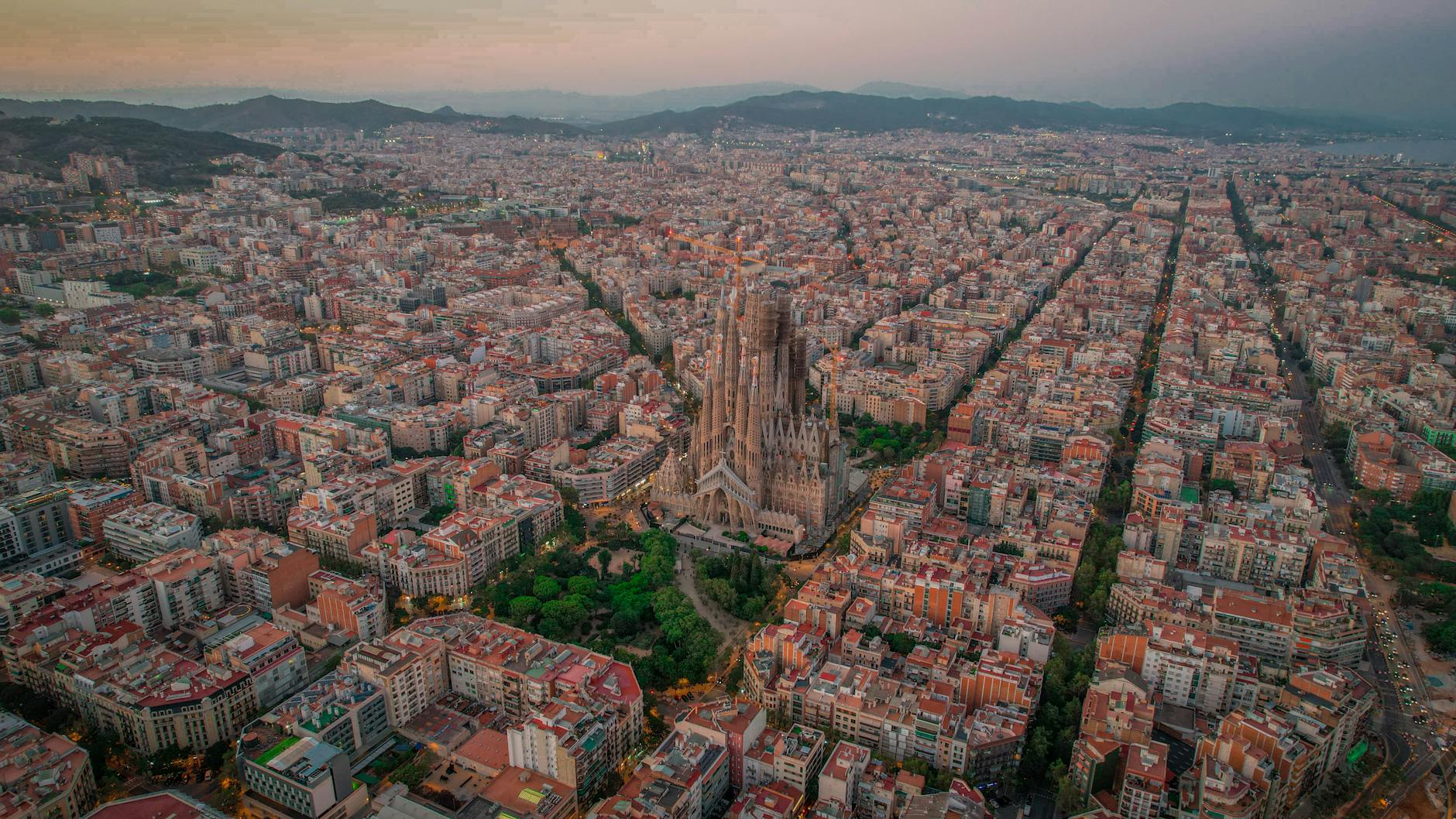 Aerial view of Barcelona with the Sagrada Familia at sunset