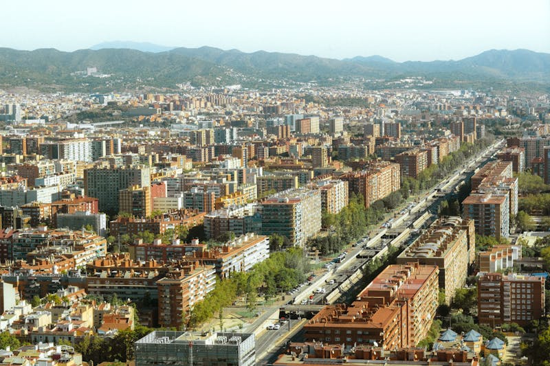 Aerial view of Barcelona Eixample district showing the grid pattern from above