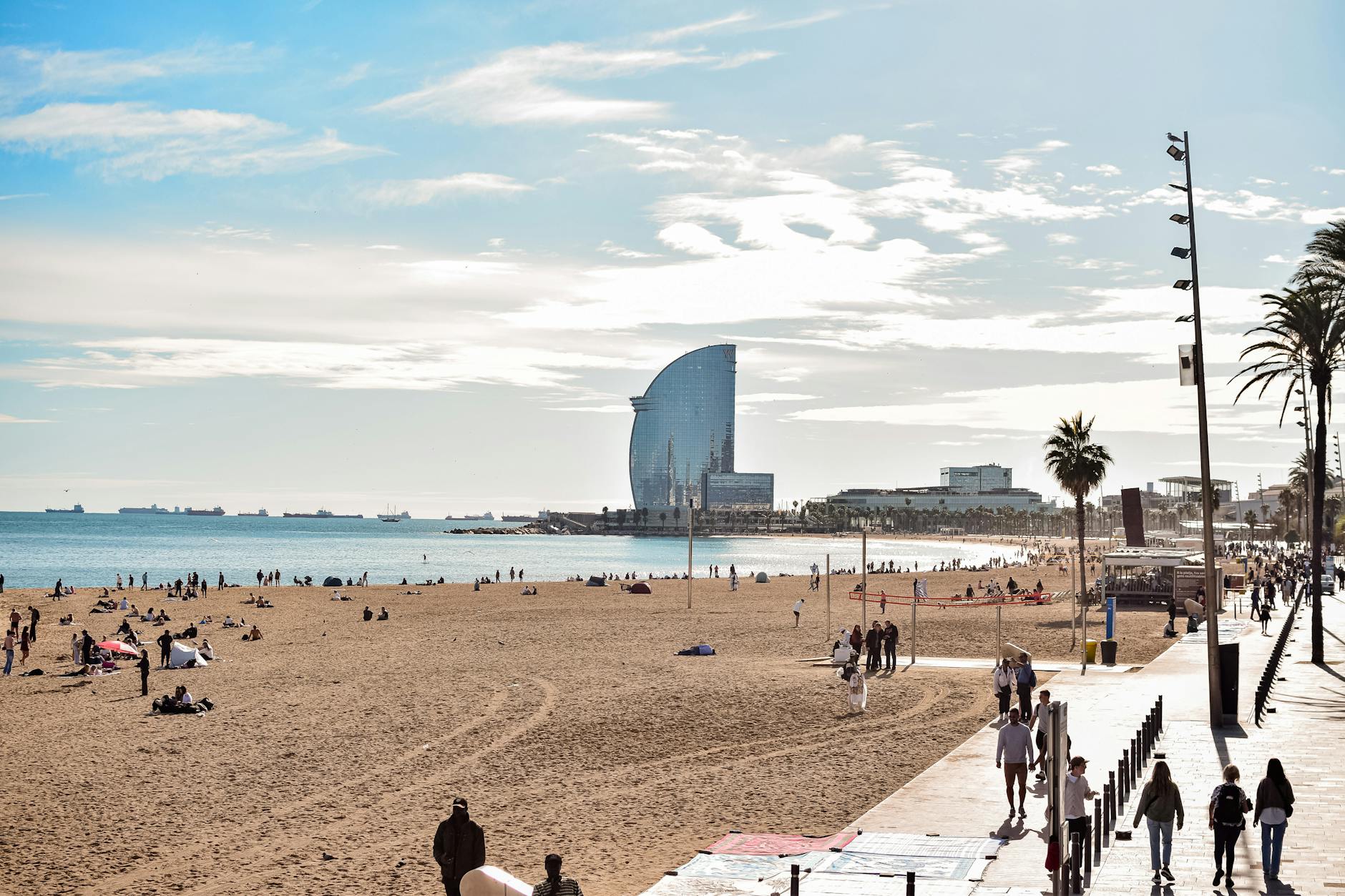 Barceloneta Beach in Barcelona with palm trees and coastline