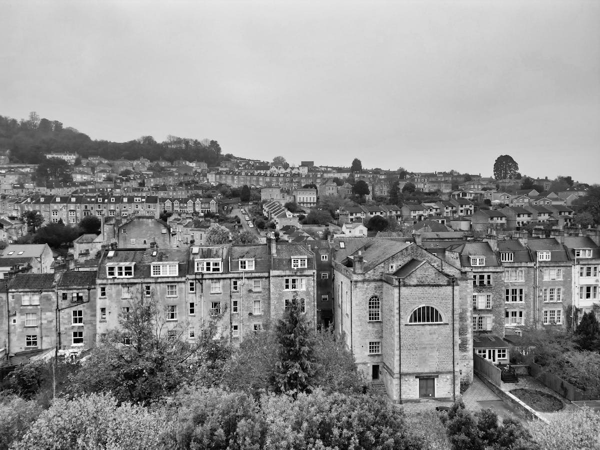 Monochrome landscape view of Bath city showing historic architecture
