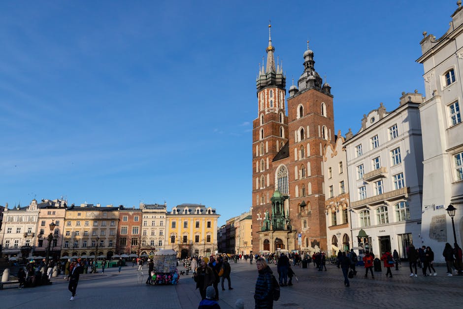Daytime view of St. Mary's Basilica in Krakow's Main Market Square