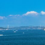 Bosphorus Strait with boats and bridges under clear blue sky in Istanbul