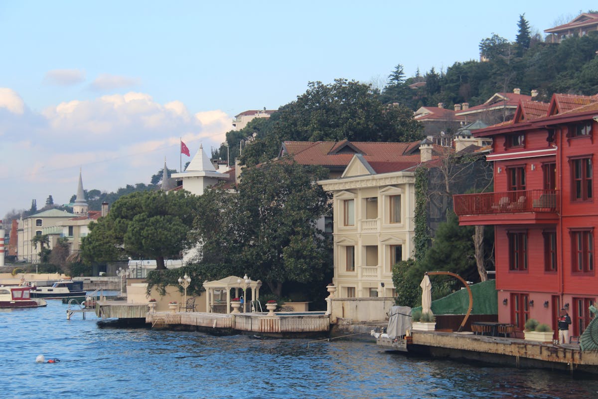 Scenic view of colourful waterfront houses along the Bosphorus coast in Istanbul
