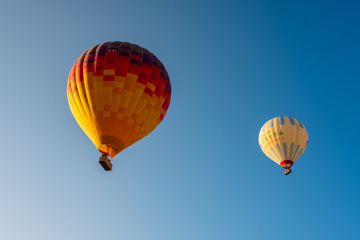 Multiple colourful hot air balloons flying in clear blue sky over Cappadocia
