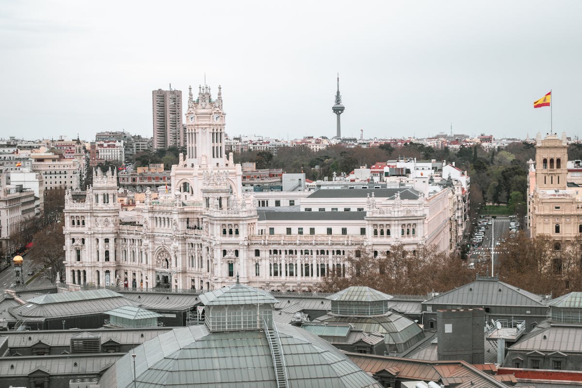 Aerial view of Palacio de Cibeles and Madrid cityscape