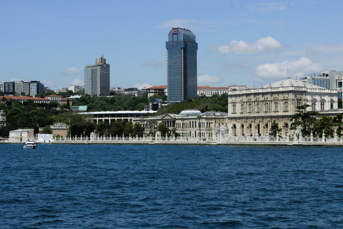 Dolmabahce Palace and Istanbul skyline seen from the Bosphorus on a clear day