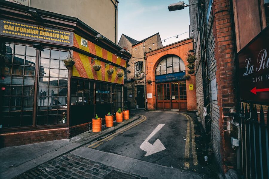 A vibrant alley in Dublin featuring local shops and rustic architecture