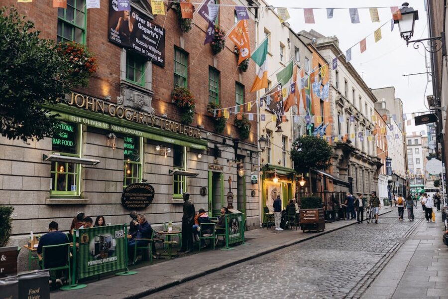 Lively street scene at Temple Bar Dublin showcasing local culture and architecture