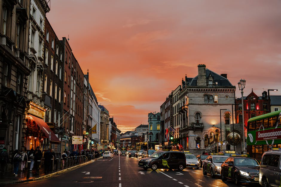 Vibrant city street in Dublin Ireland during a stunning sunset