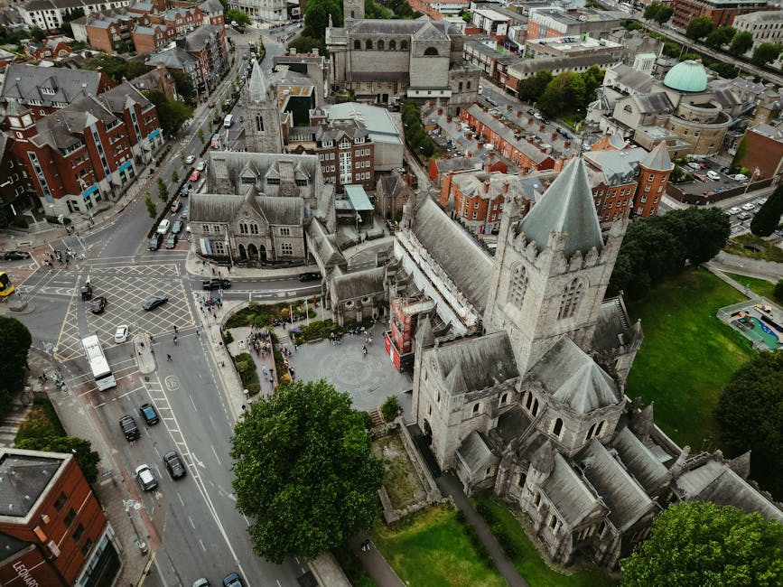 Aerial shot of Dublin's Christ Church Cathedral highlighting medieval architecture