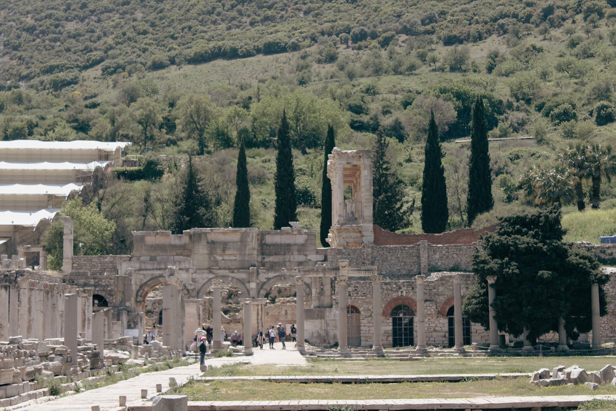 Ancient State Agora ruins at Ephesus with spring greenery