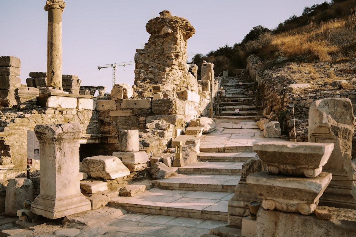 Ancient stone ruins at Ephesus in warm golden afternoon light