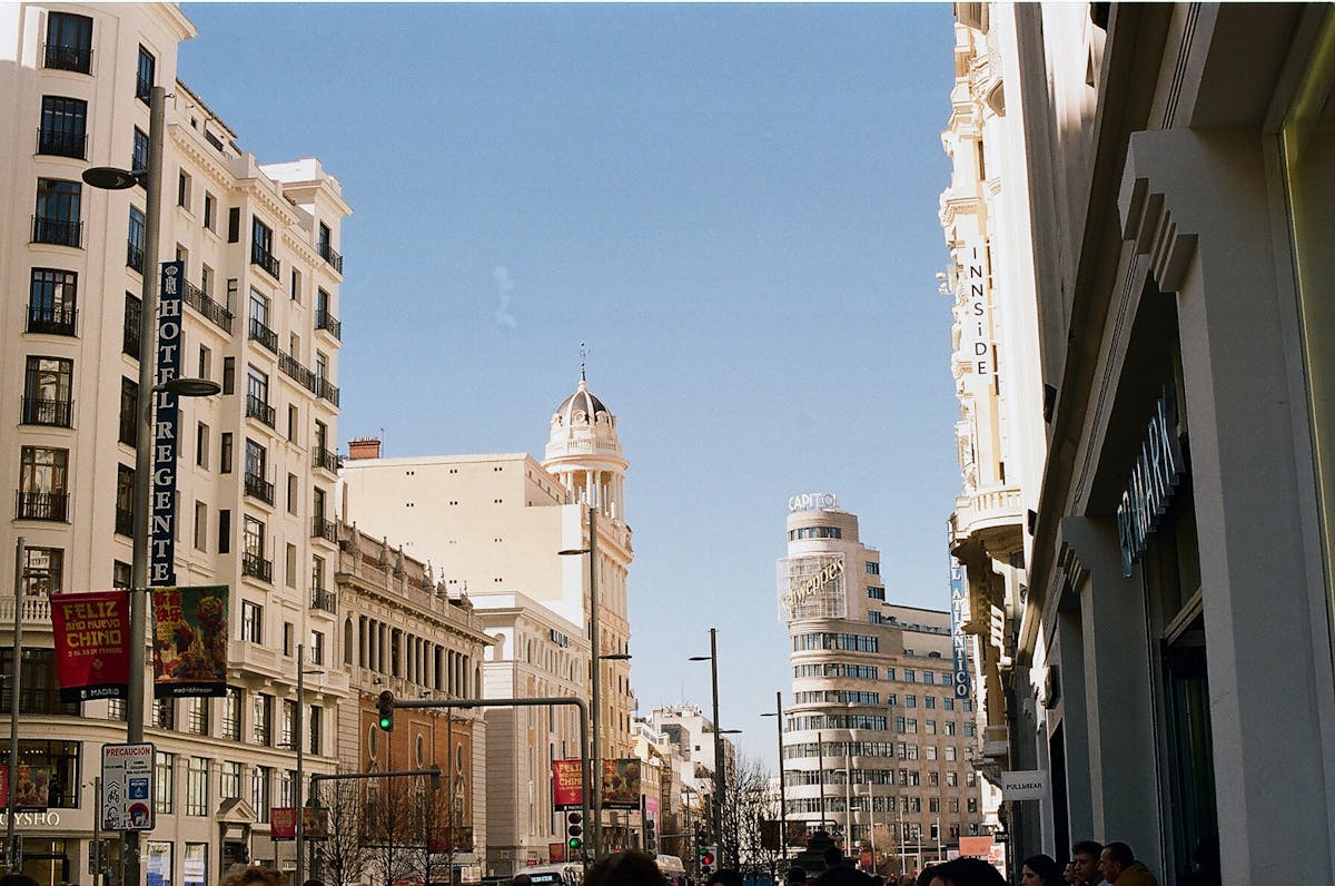 Gran Via street view with historic architecture in Madrid