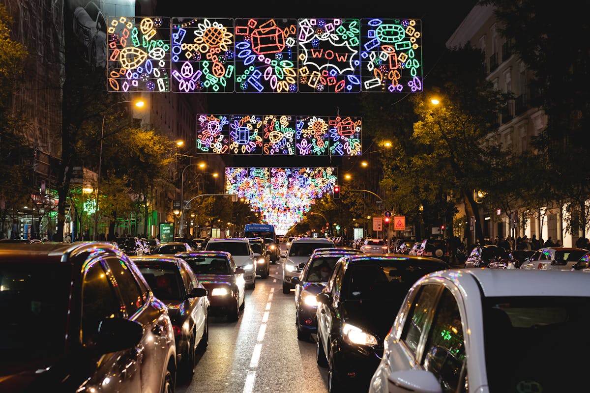 Madrid street with festive lights at night